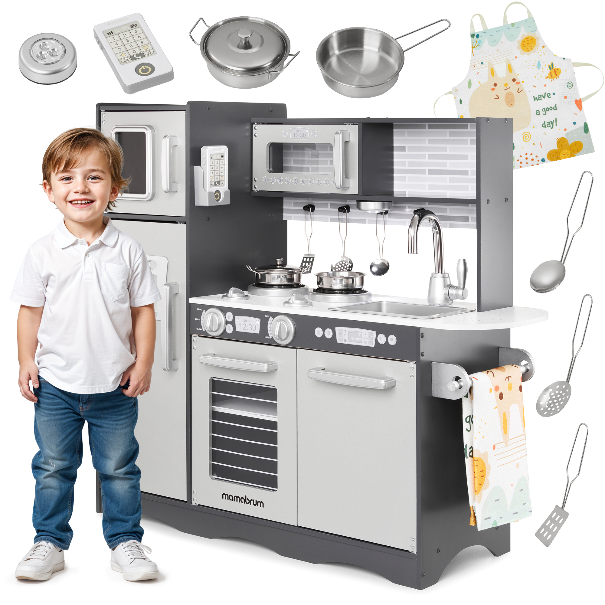 XXL wooden kitchen with LED lighting, apron and accessories | TOYS ...
